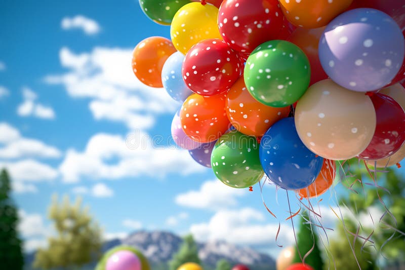 Generative AI Image of Colorful Balloons with Nature View in Bright Sky ...