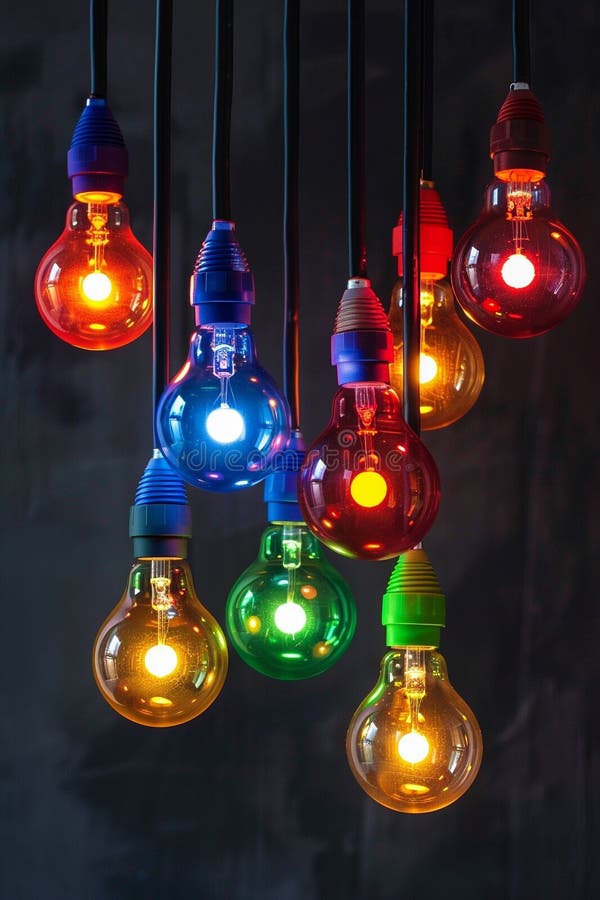 Generative AI Image of Colorful Light Bulbs Lamp with Hanging Cable on ...