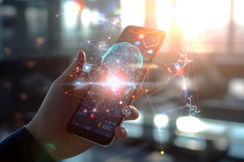 Generative AI Image of Crop Photo Hand Holding AI Phone with Virtual ...