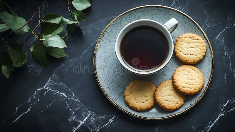 Generative AI Image of a Cup of Tea and Cookies on Black Ceramic Table ...