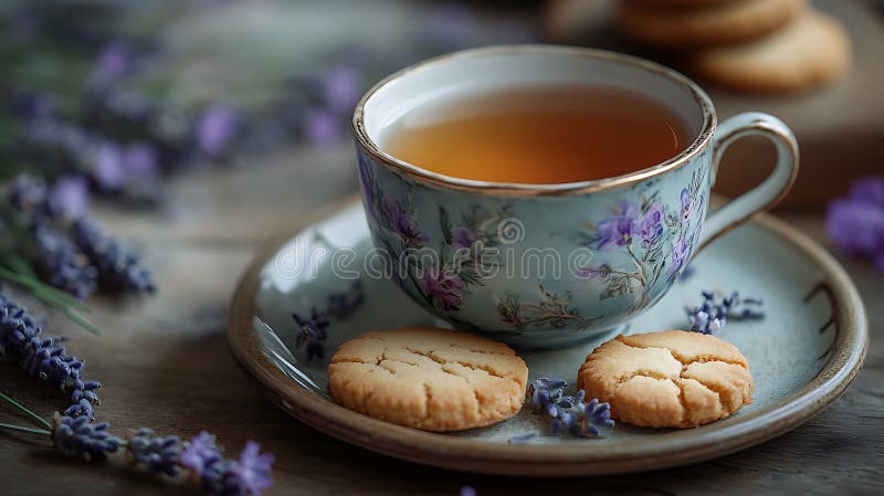 Generative AI Image of a Cup of Tea with Cookies and Lavender Flowers ...