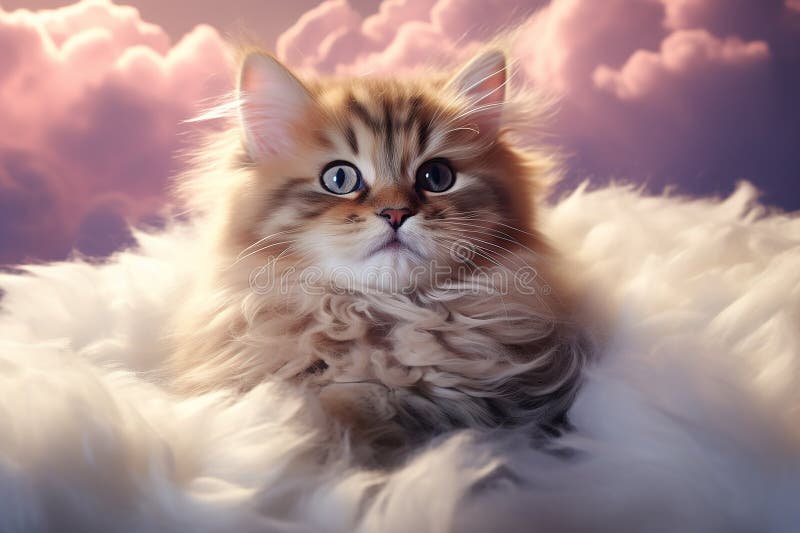 Generative AI Image of Cute Cat Relaxing on Clouds with Pink Sky ...