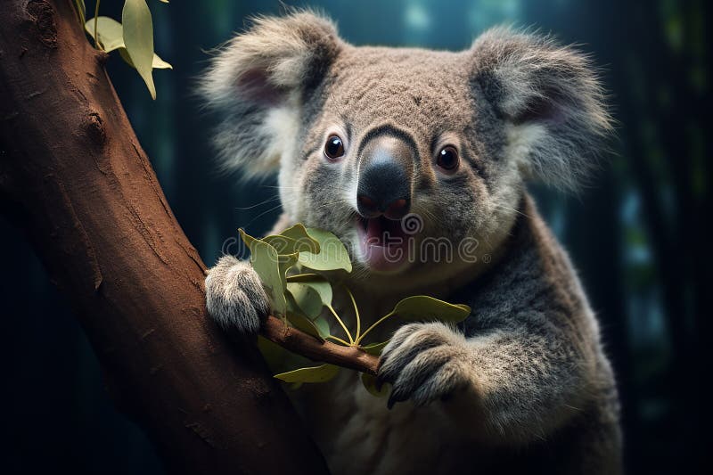 Generative AI Image of Cute Koala Animal Eating Eucalyptus Leaves on a ...