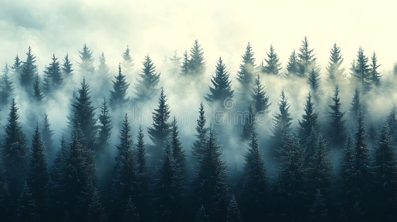 Generative AI Image of Dense Pine Trees View in Forest with Fog Mist ...