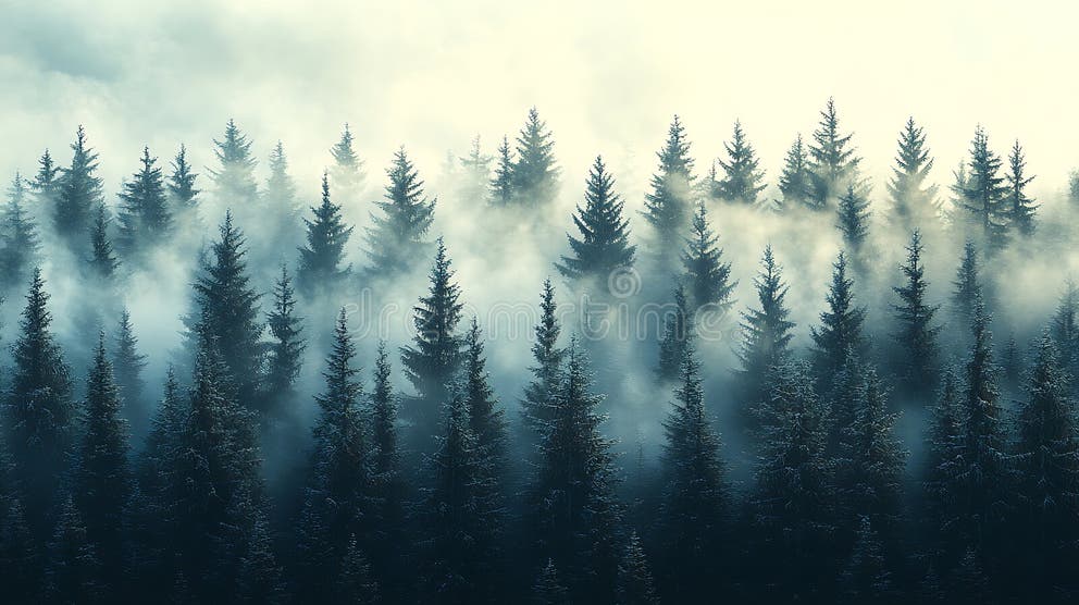Generative AI Image of Dense Pine Trees View in Forest with Fog Mist ...