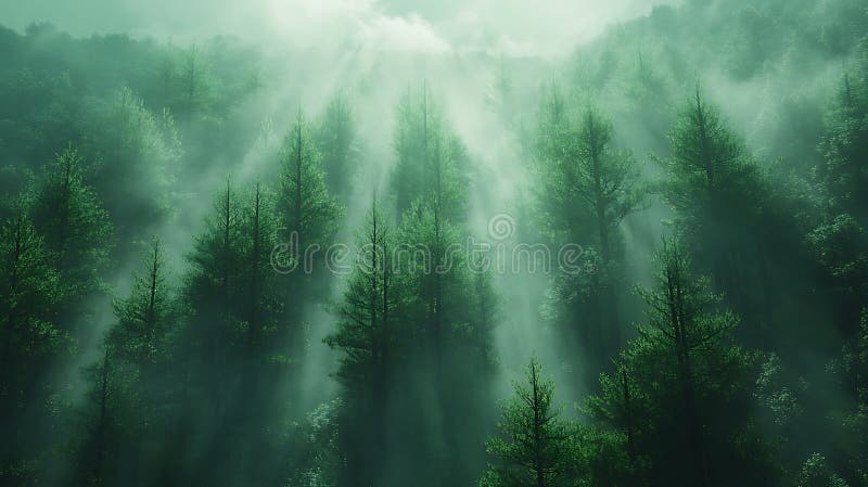 Generative AI Image of Dense Pine Trees View in Forest with Fog Mist ...