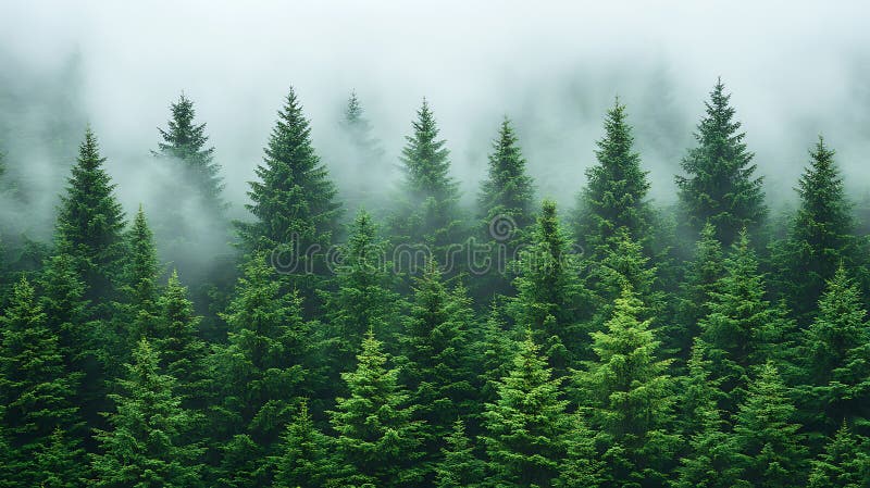 Generative AI Image of Dense Pine Trees View in Forest with Fog Mist ...