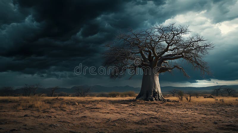 Generative AI Image of Desolate Barren Meadow with Tree at Gloomy ...