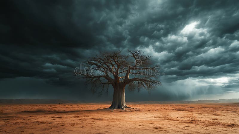 Generative AI Image of Desolate Barren Meadow with Tree at Gloomy ...