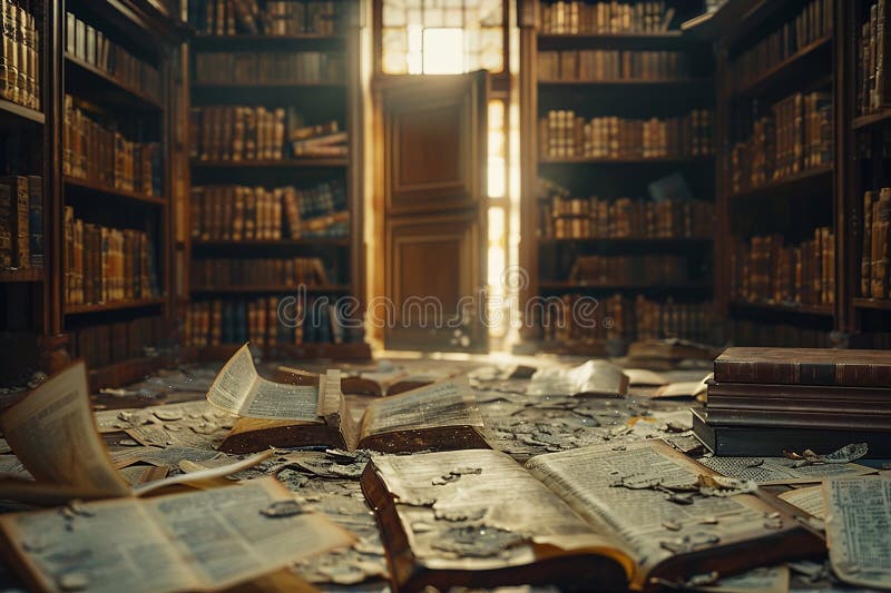 Generative AI Image of Destroyed Torn Books in Ancient Library Stock ...