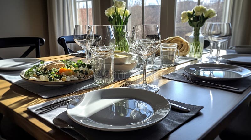Dinner Table Indoor Setting that is Modern, Sleek, and Chic Stock ...