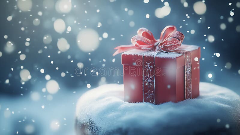 Generative AI Image of Elegant Gift Box with Ribbon on White Snow Dust ...