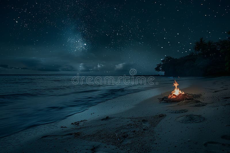 Generative AI Image of Empty Beach at Night with Starry Sky and Bonfire ...