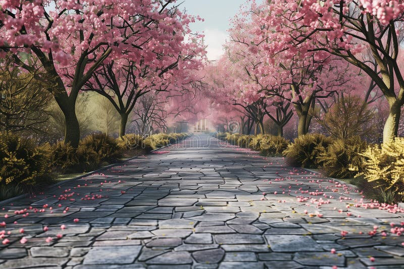 Generative AI Image of Empty Park with Spring Cherry Blossom Trees and ...