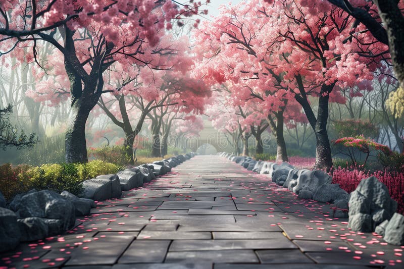 Generative AI Image of Empty Park with Spring Cherry Blossom Trees and ...