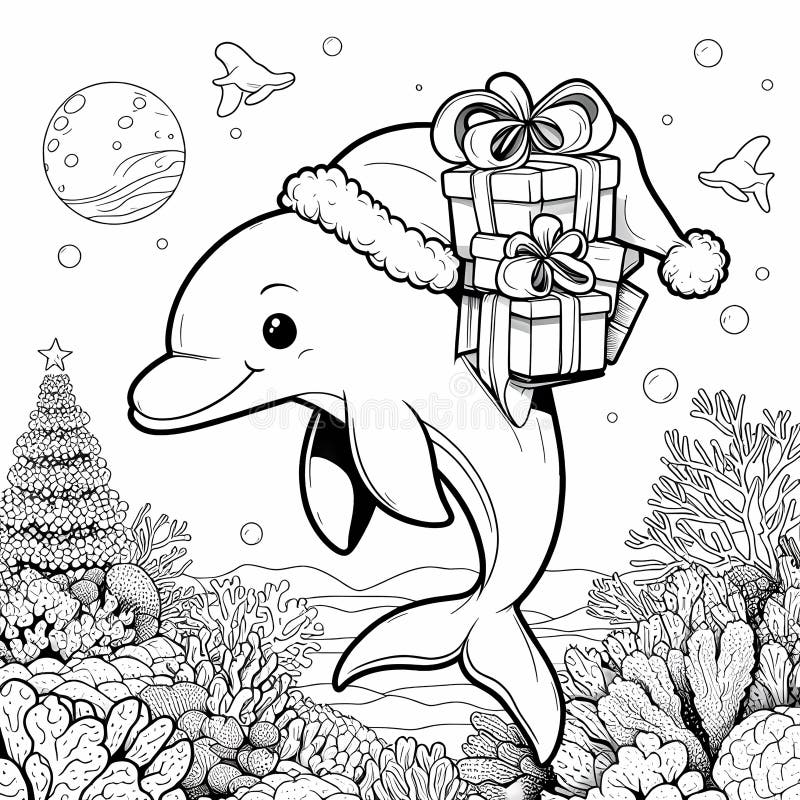 Santa Dolphin Carrying Gifts through Coral Reefs. Stock Illustration ...