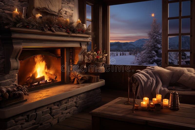 Generative AI Image of Fireplace Inside the House during Winter Stock ...