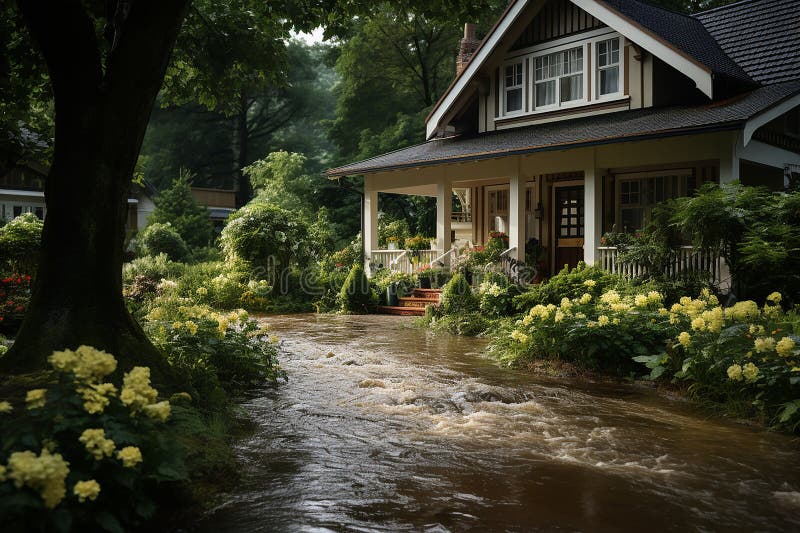Generative AI Image of Flooding and Puddles Flowing in the House Yard ...