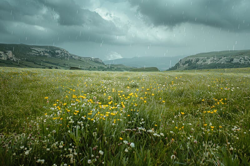 Generative AI Image of Flowering Grass Plants in Meadow during Rain ...