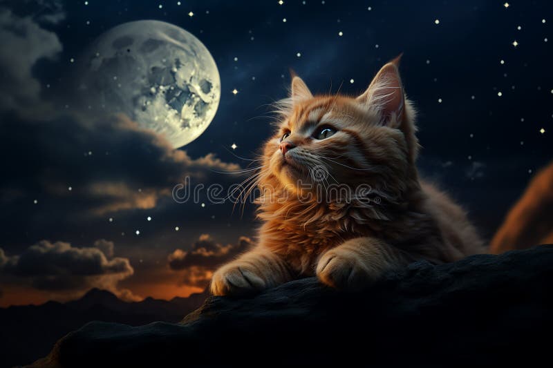 Generative AI Image of Fluffy Cat with Full Moon in the Sky at Night ...