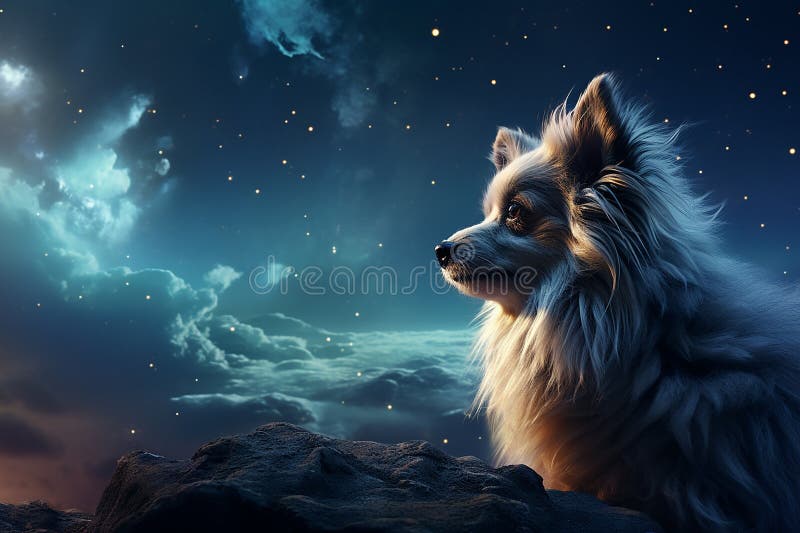 Generative AI Image of Fluffy Dog Standing on a Rock with Sky View at ...
