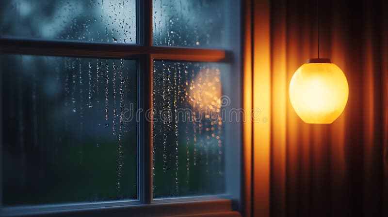Generative AI Image of Gentle Raindrops on Wet Glass Window Illuminated ...