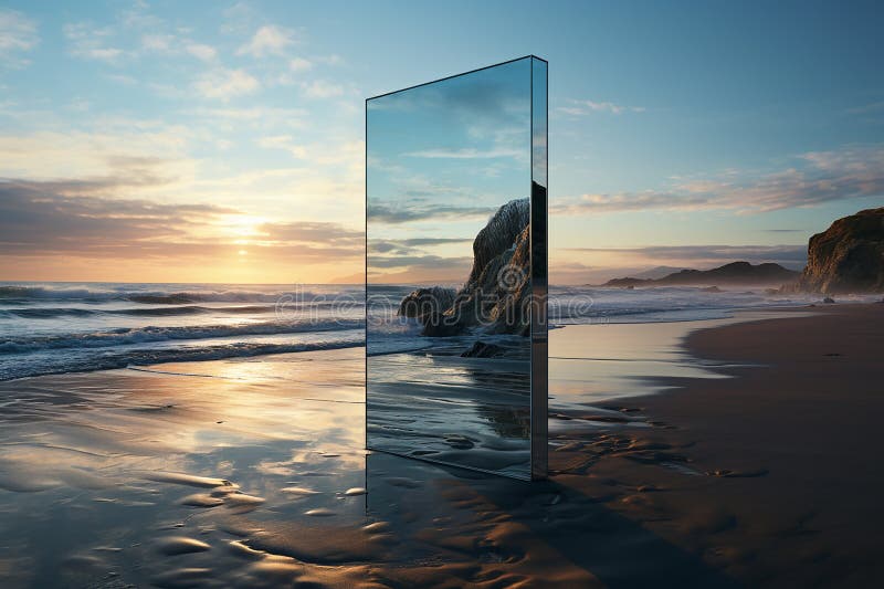 Generative AI Image of Glass Mirror on the Beach with Reflection at ...