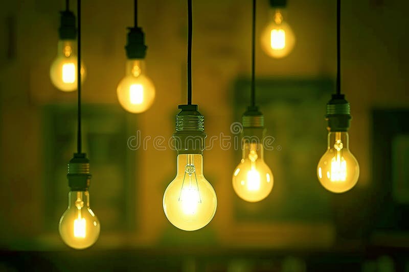 Generative AI Image of Golden Glowing Hanging Light Bulbs Lamp on Blur ...