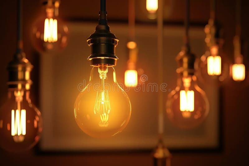 Generative AI Image of Golden Glowing Hanging Light Bulbs Lamp on Blur ...