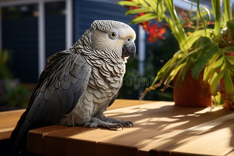 Generative AI Image of Gray Parrot Bird Perched on a Wooden Table in ...