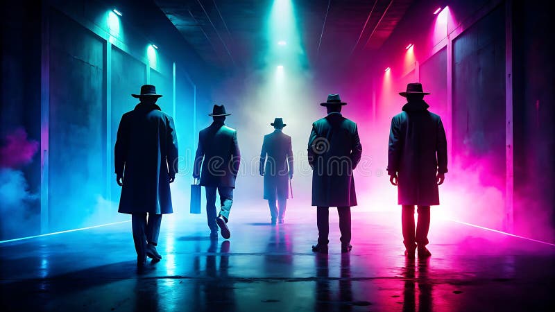 Four Men in Hats and Coats are Walking through a Dark, Smoky Corridor ...