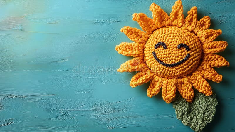 Generative AI Image of Happy Cute Sun Knitted Craft with Empty Space on ...