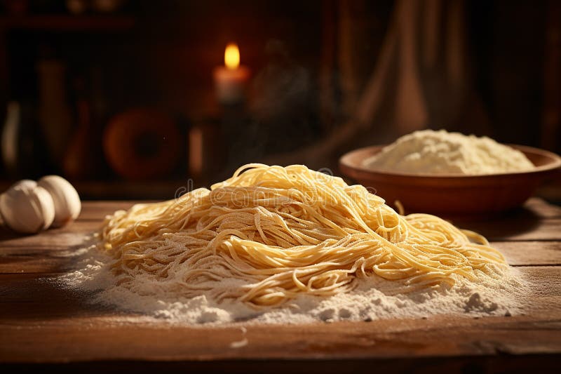 Generative AI Image of Homemade Spaghetti with Flour on Wooden Table ...
