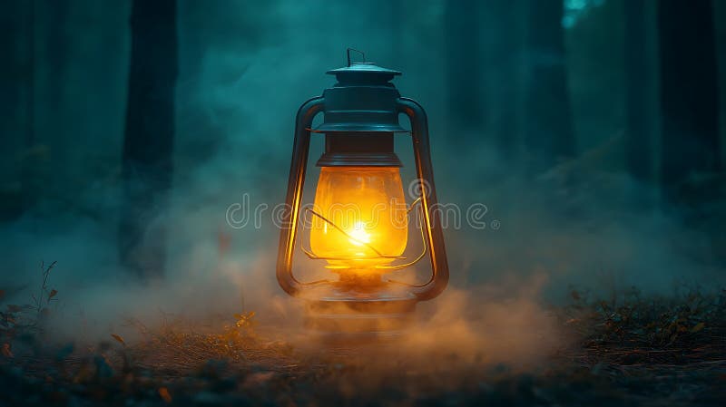 Generative AI Image of Lamp Lantern with Firelight and Fog in Forest ...