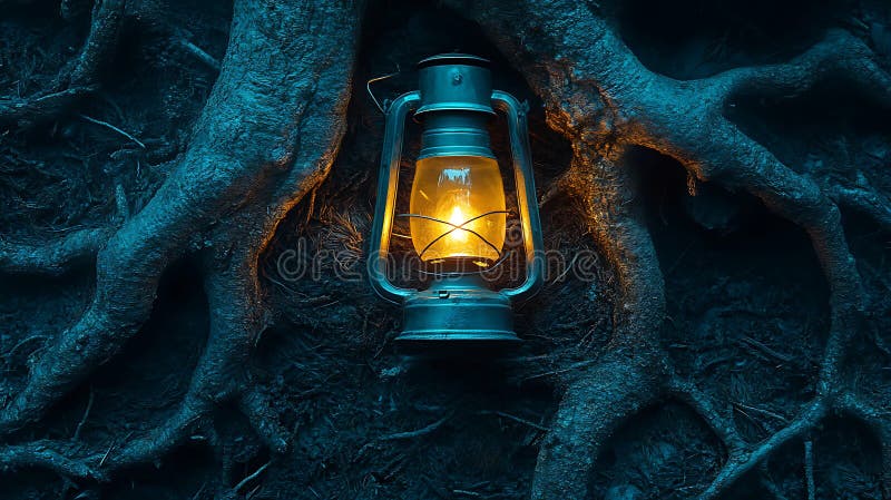 Generative AI Image of Lamp Lantern on Wood Root in Forest with Fire ...
