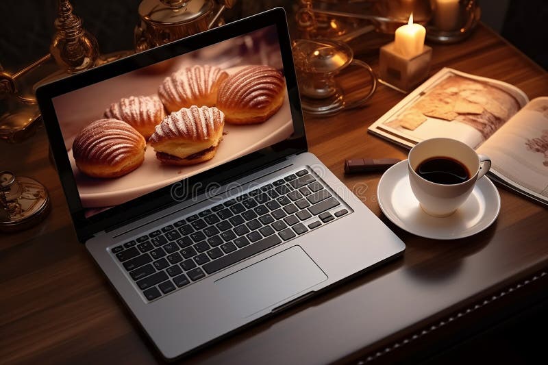 Generative AI Image of Laptop with Photo of Bread on Wooden Table Stock ...