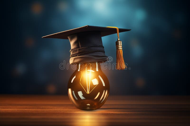 Generative AI Image of Light Bulb with Graduation Cap on Wooden Table ...
