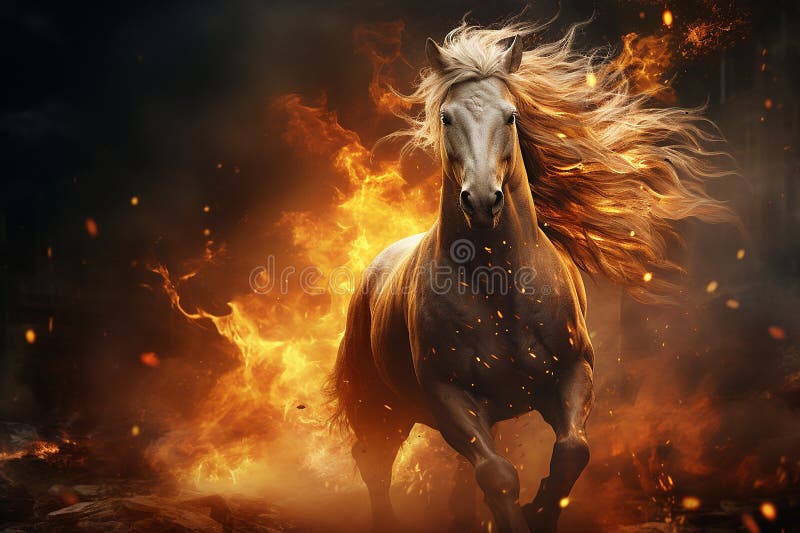 Generative AI Image of a Long Haired White Horse Running Avoiding Fire ...