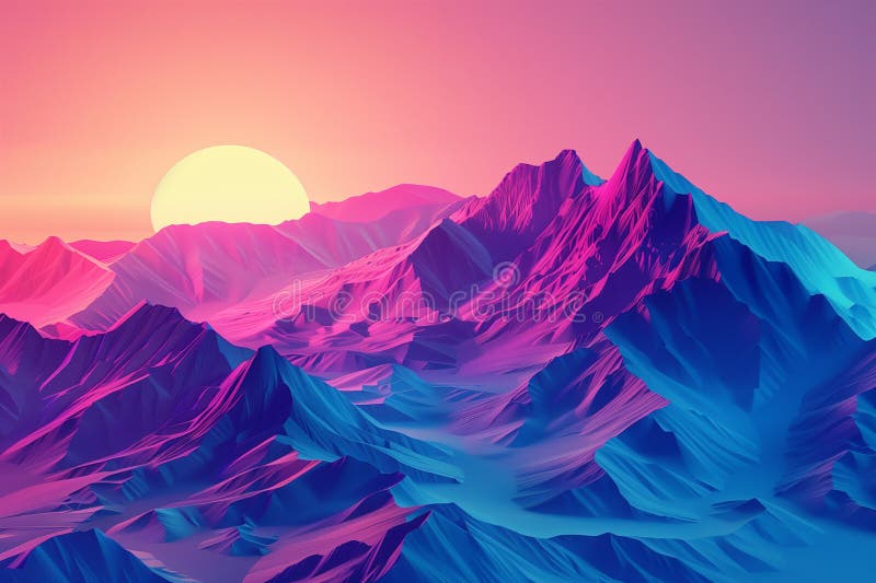 Generative AI Image of Low-Poly Terrain with Sun Gradient Colors Stock ...