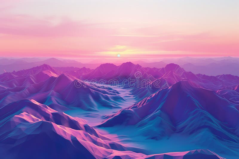 Generative AI Image of Low-Poly Terrain with Sun Gradient Colors Stock ...