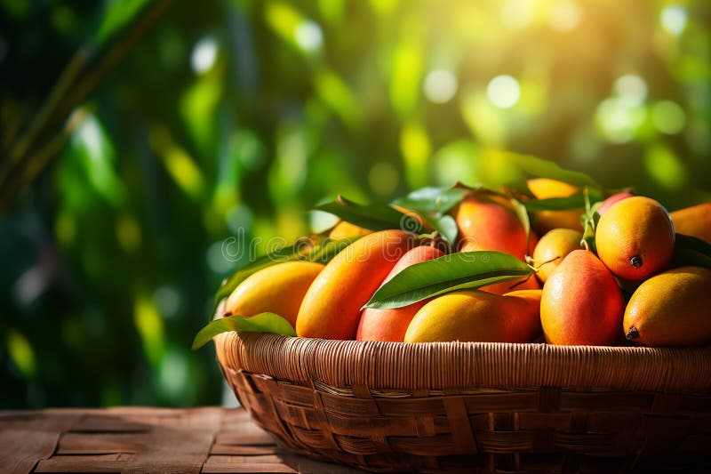 Generative AI Image of Mangoes Fruit in Basket with Nature Background ...