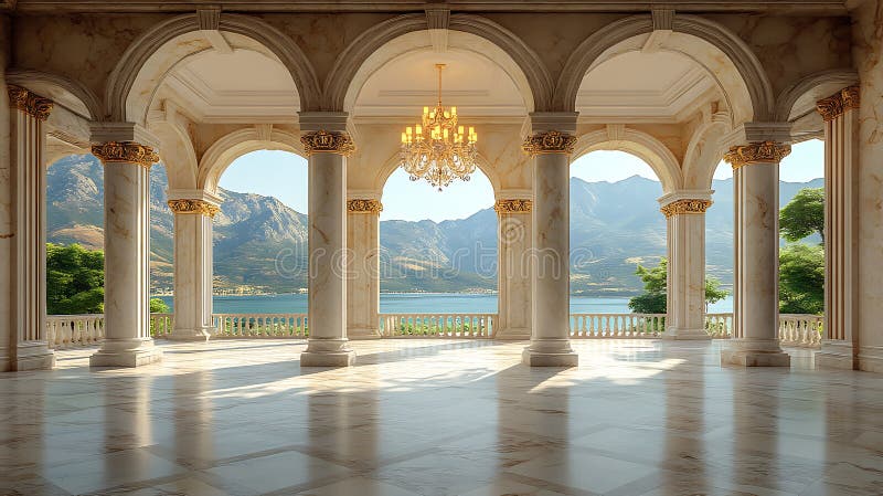 Generative AI Image of Marble Building Hall with Luxurious Chandelier with Mountain and Sunlight ...