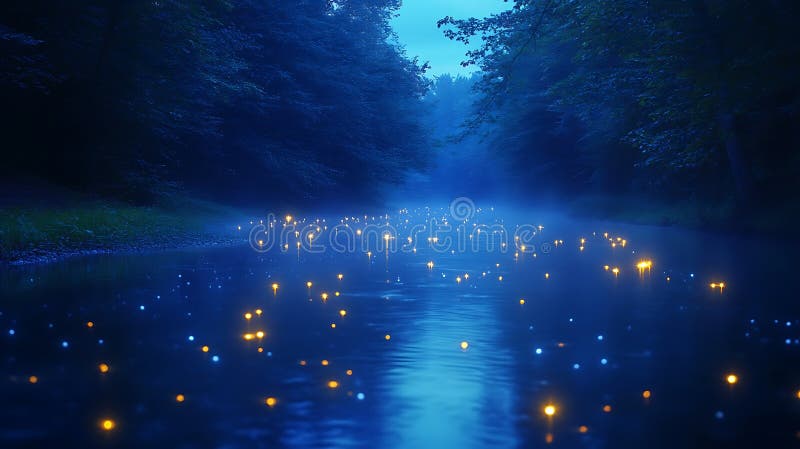 Generative AI Image of Misty River with Fireflies Shining in the Jungle ...