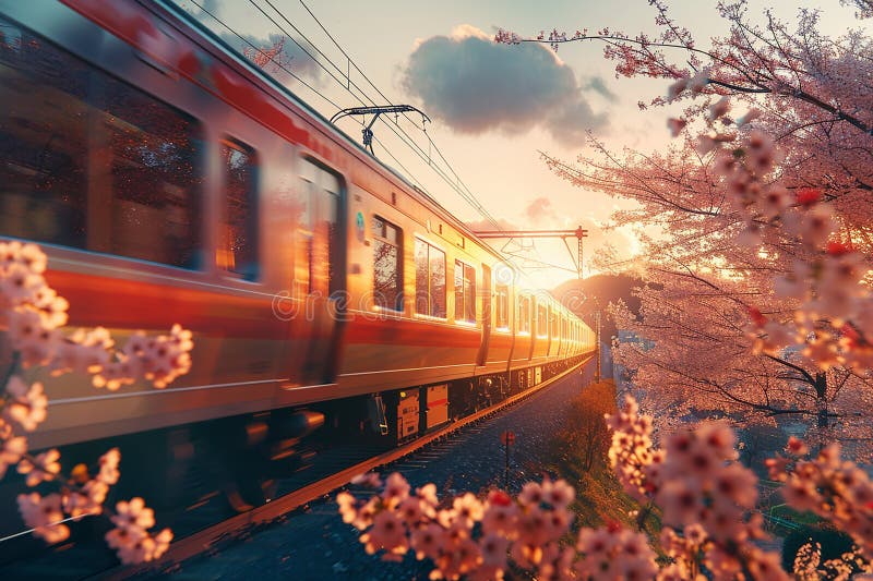 Generative AI Image of Modern Train Passing Railway Track with Cherry ...