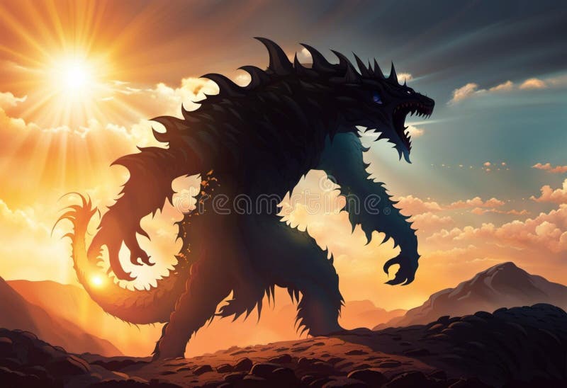 Generative AI Image of a Monster by Sunset Stock Illustration ...
