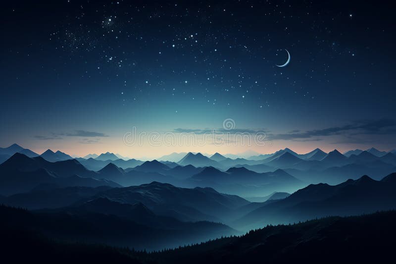 Generative AI Image of Mountains Landscape with Crescent Moon in Blue ...