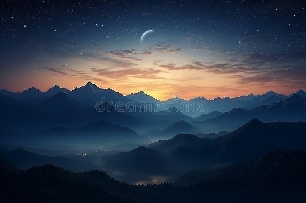 Generative AI Image of Mountains Landscape with Crescent Moon in the ...