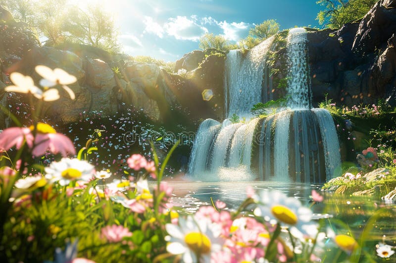Generative AI Image of Nature View of Waterfall with Spring Flowers on ...