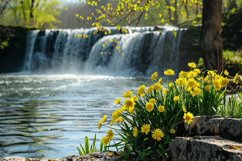 Generative AI Image of Nature View of Waterfall with Yellow Flowers in ...