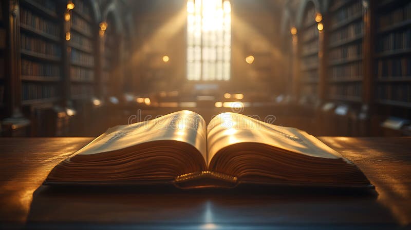 Generative AI Image of Open Book in Luxury Library on Wooden Table with ...